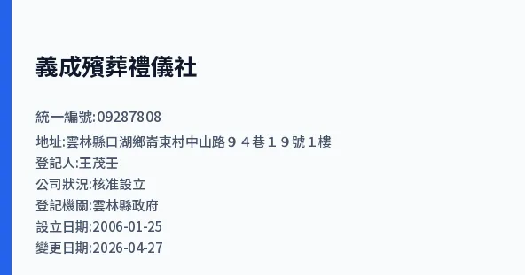 義成殯葬禮儀社的照片-統編 09287808(雲林縣) 公司登記資料與營業項目詳細圖表