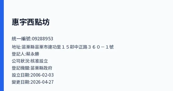 惠宇西點坊的照片-統編 09288953(苗栗縣) 公司登記資料與營業項目詳細圖表