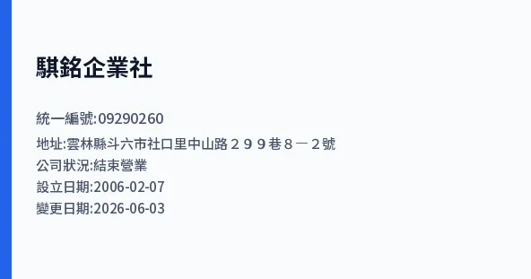 騏銘企業社的照片-統編 09290260(雲林縣) 公司登記資料與營業項目詳細圖表