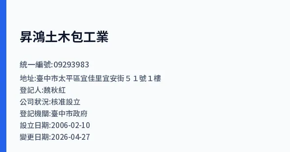 昇鴻土木包工業的照片-統編 09293983(臺中市) 公司登記資料與營業項目詳細圖表