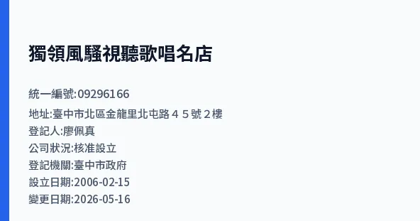 獨領風騷視聽歌唱名店的照片-統編 09296166(臺中市) 公司登記資料與營業項目詳細圖表
