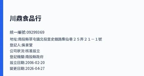 川鼎食品行的照片-統編 09299369(南投縣) 公司登記資料與營業項目詳細圖表