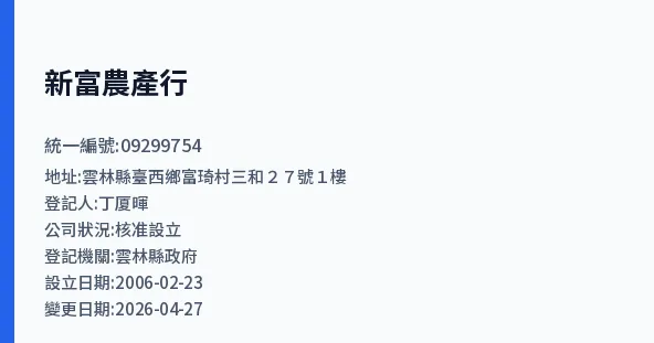 新富農產行的照片-統編 09299754(雲林縣) 公司登記資料與營業項目詳細圖表