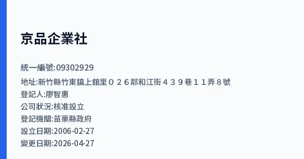 京品企業社的照片-統編 09302929(新竹縣) 公司登記資料與營業項目詳細圖表