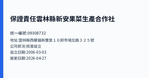 保證責任雲林縣新安果菜生產合作社的照片-統編 09308732(雲林縣) 公司登記資料與營業項目詳細圖表