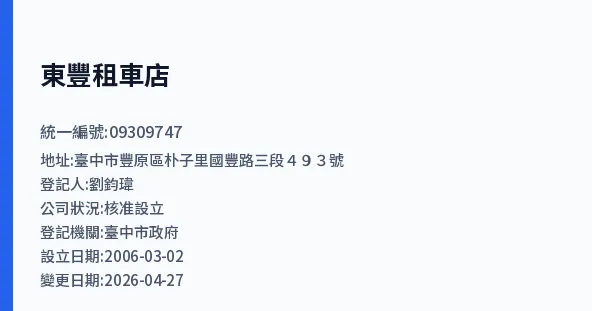 東豐租車店的照片-統編 09309747(臺中市) 公司登記資料與營業項目詳細圖表