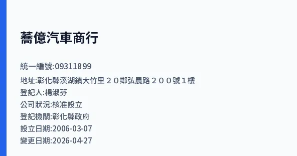 蕎億汽車商行的照片-統編 09311899(彰化縣) 公司登記資料與營業項目詳細圖表