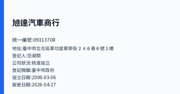 旭達汽車商行的照片-統編 09313708(臺中市) 公司登記資料與營業項目詳細圖表