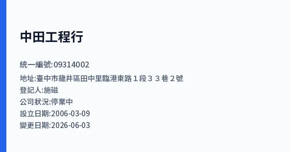 中田工程行的照片-統編 09314002(臺中市) 公司登記資料與營業項目詳細圖表
