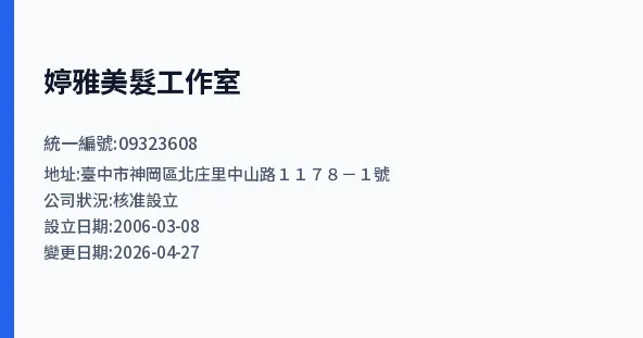 婷雅美髮工作室的照片-統編 09323608(臺中市) 公司登記資料與營業項目詳細圖表