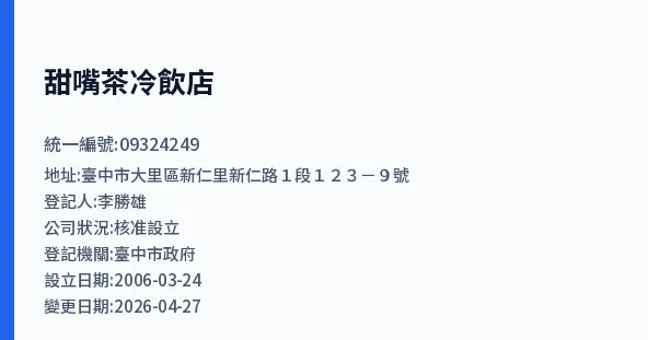 甜嘴茶冷飲店的照片-統編 09324249(臺中市) 公司登記資料與營業項目詳細圖表