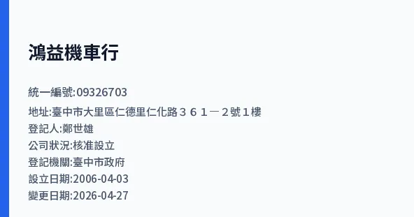 鴻益機車行的照片-統編 09326703(臺中市) 公司登記資料與營業項目詳細圖表