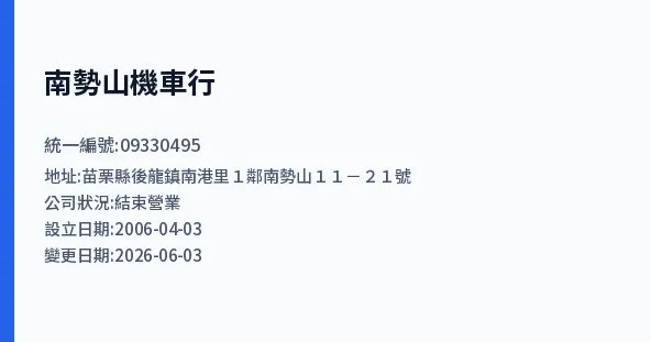 南勢山機車行的照片-統編 09330495(苗栗縣) 公司登記資料與營業項目詳細圖表