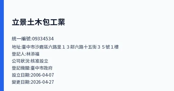 立景土木包工業的照片-統編 09334534(臺中市) 公司登記資料與營業項目詳細圖表