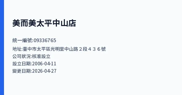 美而美太平中山店的照片-統編 09336765(臺中市) 公司登記資料與營業項目詳細圖表