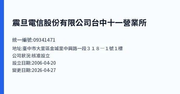 震旦電信股份有限公司台中十一營業所的照片-統編 09341471(臺中市) 公司登記資料與營業項目詳細圖表