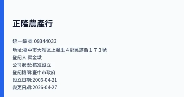 正隆農產行的照片-統編 09344033(臺中市) 公司登記資料與營業項目詳細圖表