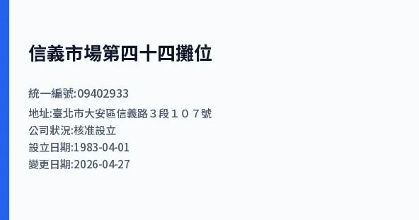 信義市場第四十四攤位的照片-統編 09402933(臺北市) 公司登記資料與營業項目詳細圖表