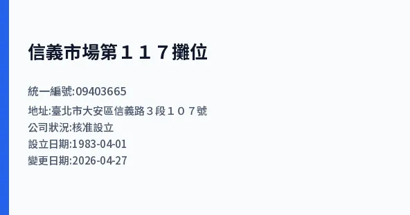 信義市場第117攤位的照片-統編 09403665(臺北市) 公司登記資料與營業項目詳細圖表