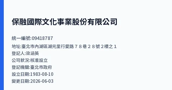 保融國際文化事業股份有限公司的照片-統編 09418787(臺北市) 公司登記資料與營業項目詳細圖表
