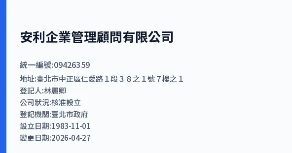 安利企業管理顧問有限公司的照片-統編 09426359(臺北市) 公司登記資料與營業項目詳細圖表