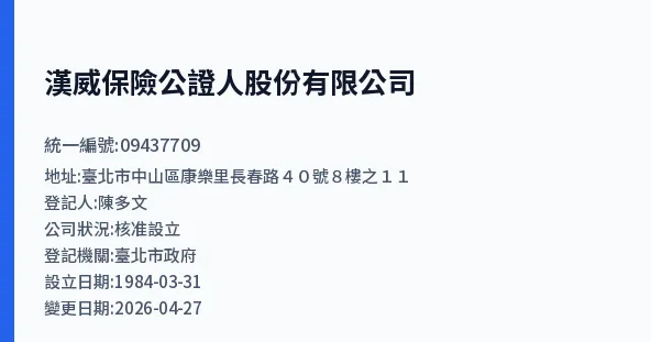 漢威保險公證人股份有限公司的照片-統編 09437709(臺北市) 公司登記資料與營業項目詳細圖表