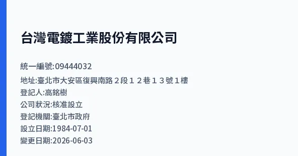 台灣電鍍工業股份有限公司的照片-統編 09444032(臺北市) 公司登記資料與營業項目詳細圖表