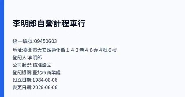 李明郎自營計程車行的照片-統編 09450603(臺北市) 公司登記資料與營業項目詳細圖表