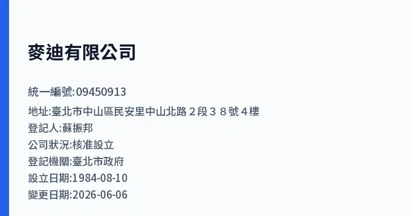 麥迪有限公司的照片-統編 09450913(臺北市) 公司登記資料與營業項目詳細圖表
