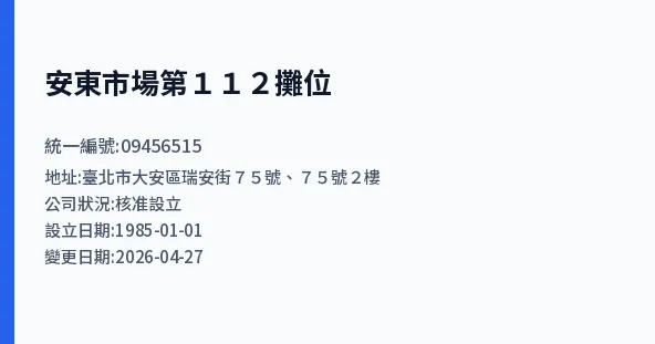 安東市場第112攤位的照片-統編 09456515(臺北市) 公司登記資料與營業項目詳細圖表