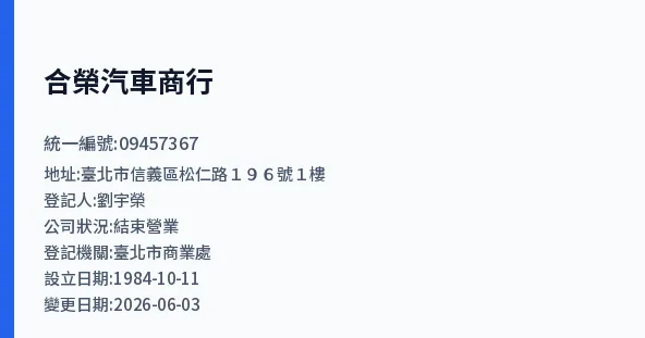 合榮汽車商行的照片-統編 09457367(臺北市) 公司登記資料與營業項目詳細圖表
