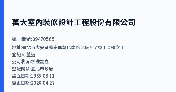 萬大室內裝修設計工程股份有限公司的照片-統編 09470565(臺北市) 公司登記資料與營業項目詳細圖表
