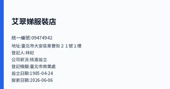 艾翠娣服裝店的照片-統編 09474942(臺北市) 公司登記資料與營業項目詳細圖表