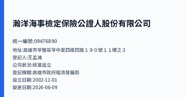 瀚洋海事檢定保險公證人股份有限公司的照片-統編 09476890(高雄市) 公司登記資料與營業項目詳細圖表