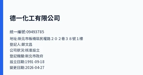 德一化工有限公司的照片-統編 09493785(新北市) 公司登記資料與營業項目詳細圖表