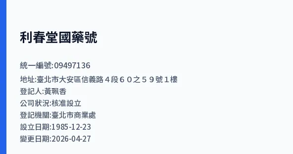 利春堂國藥號的照片-統編 09497136(臺北市) 公司登記資料與營業項目詳細圖表