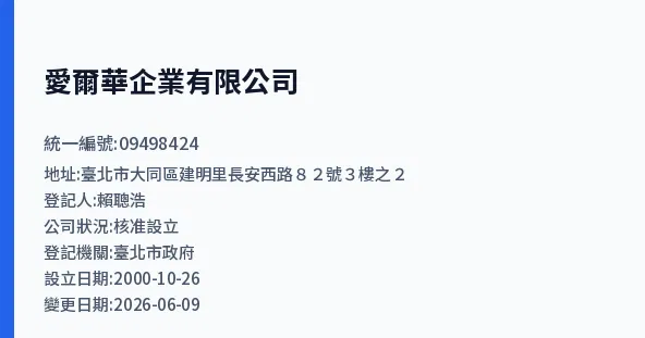 愛爾華企業有限公司的照片-統編 09498424(臺北市) 公司登記資料與營業項目詳細圖表