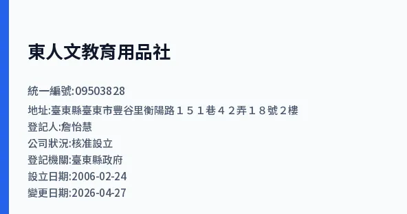 東人文教育用品社的照片-統編 09503828(臺東縣) 公司登記資料與營業項目詳細圖表