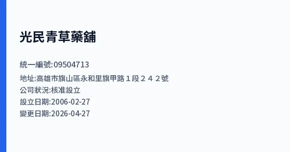 光民青草藥舖的照片-統編 09504713(高雄市) 公司登記資料與營業項目詳細圖表