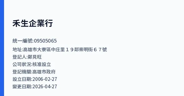 禾生企業行的照片-統編 09505065(高雄市) 公司登記資料與營業項目詳細圖表