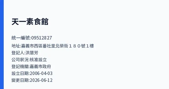 天一素食館的照片-統編 09512827(嘉義市) 公司登記資料與營業項目詳細圖表