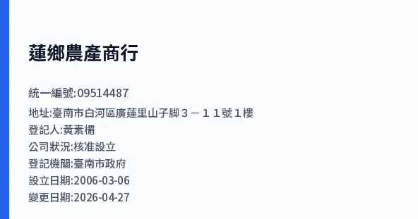 蓮鄉農產商行的照片-統編 09514487(臺南市) 公司登記資料與營業項目詳細圖表