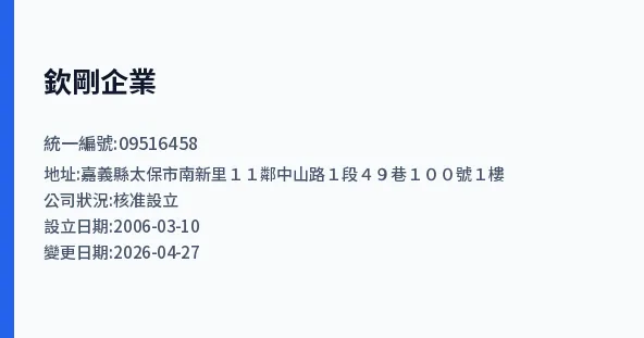 欽剛企業的照片-統編 09516458(嘉義縣) 公司登記資料與營業項目詳細圖表