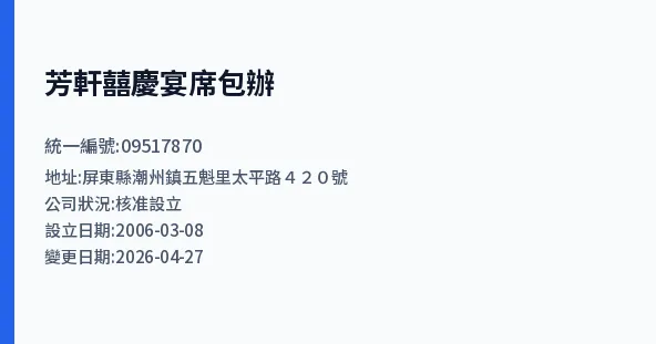 芳軒囍慶宴席包辦的照片-統編 09517870(屏東縣) 公司登記資料與營業項目詳細圖表