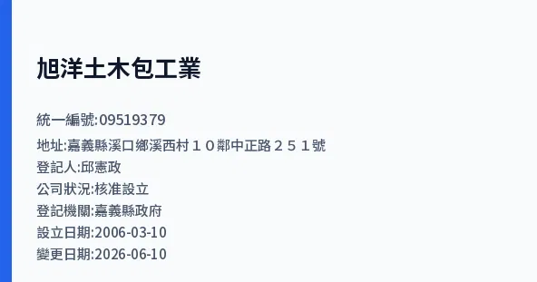旭洋土木包工業的照片-統編 09519379(嘉義縣) 公司登記資料與營業項目詳細圖表