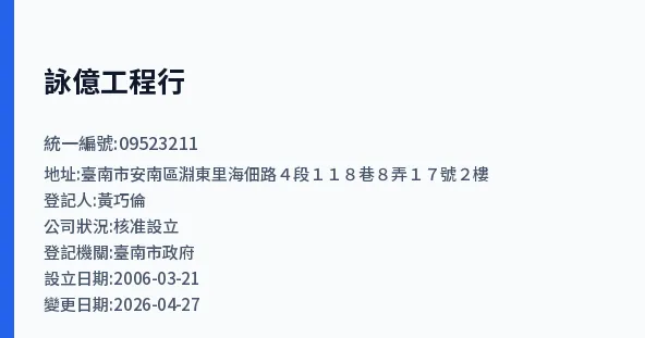 詠億工程行的照片-統編 09523211(臺南市) 公司登記資料與營業項目詳細圖表
