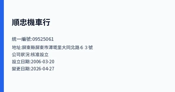 順忠機車行的照片-統編 09525061(屏東縣) 公司登記資料與營業項目詳細圖表