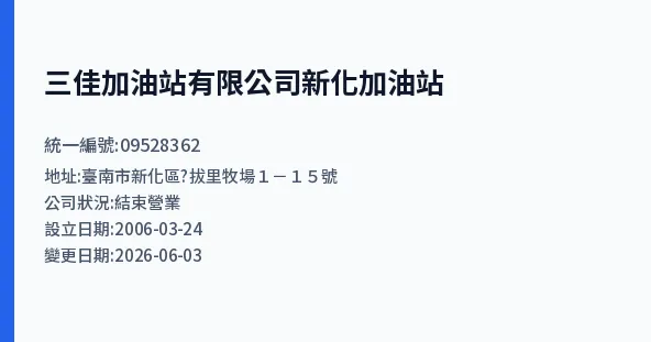 三佳加油站有限公司新化加油站的照片-統編 09528362(臺南市) 公司登記資料與營業項目詳細圖表