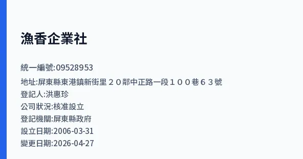 漁香企業社的照片-統編 09528953(屏東縣) 公司登記資料與營業項目詳細圖表