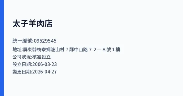 太子羊肉店的照片-統編 09529545(屏東縣) 公司登記資料與營業項目詳細圖表